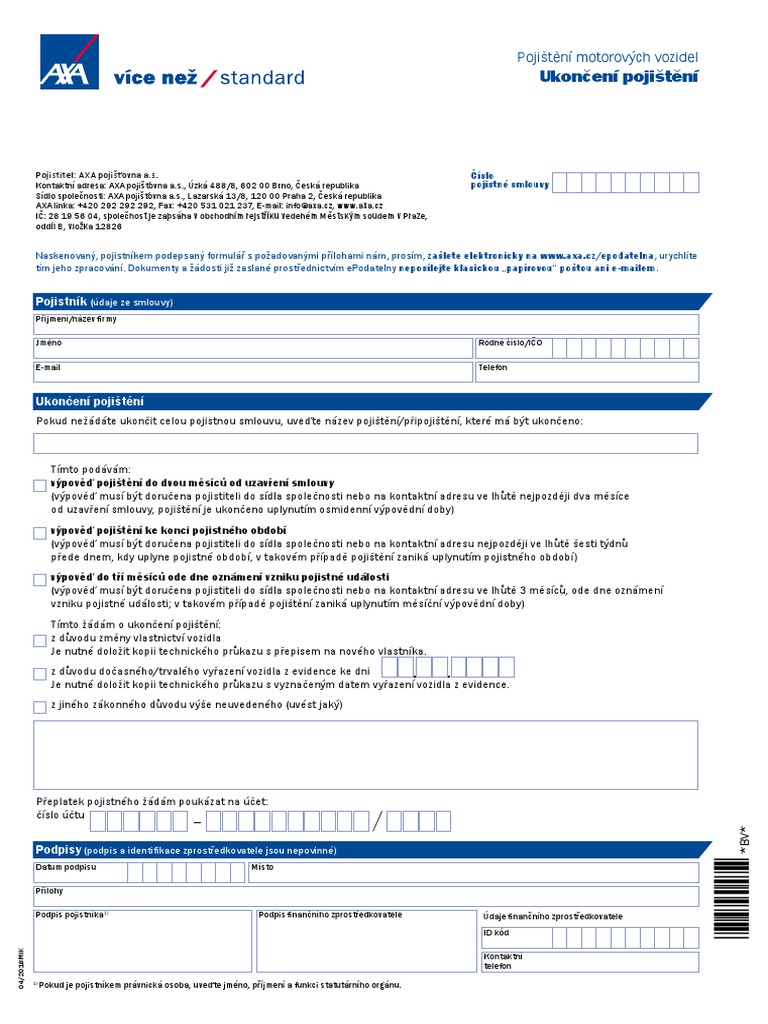 Axa CZ A Formular Pro Ukonceni Pojisteni Motorovych Vozidel 042018 | PDF