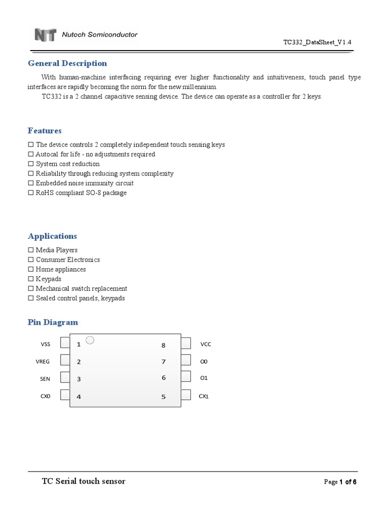 TC332 Touch Sensor Data Sheet | PDF | Capacitor | Analogue Electronics