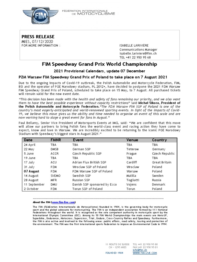 FIM Speedway Grand Prix World Championship - 2021 Provisional Calendars ...