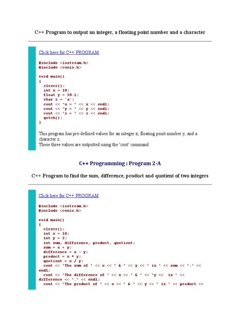 C Program To Output An Integer A Floating Point Number And A
