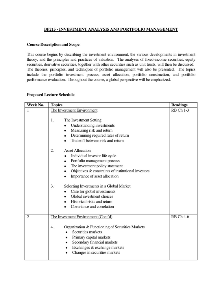 Investment Analysis Course Guide | PDF | Capital Asset Pricing Model ...