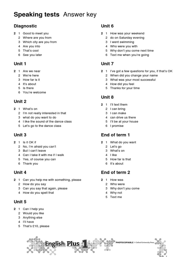 Speaking Tests Answer Key: Diagnostic Unit 6 | PDF