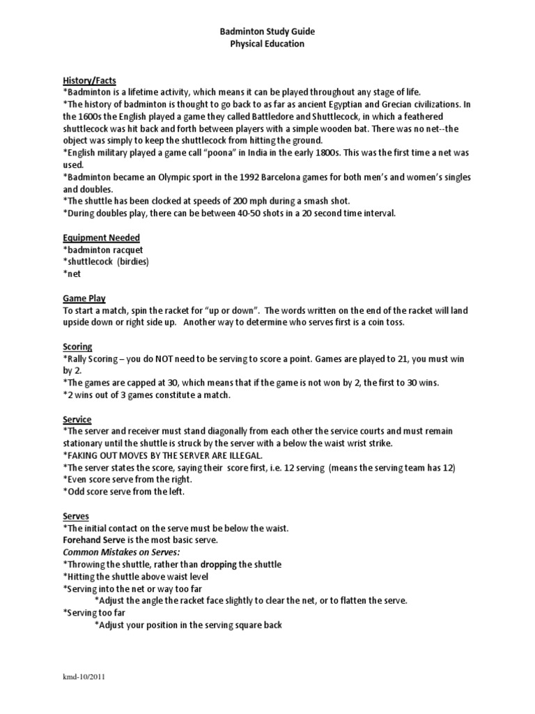 Badminton Study Guide | PDF | Games Of Physical Skill | Leisure