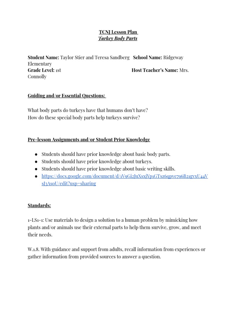 Turkey Body Parts Lesson Plan for 1st Grade | PDF | Lesson Plan | Teachers