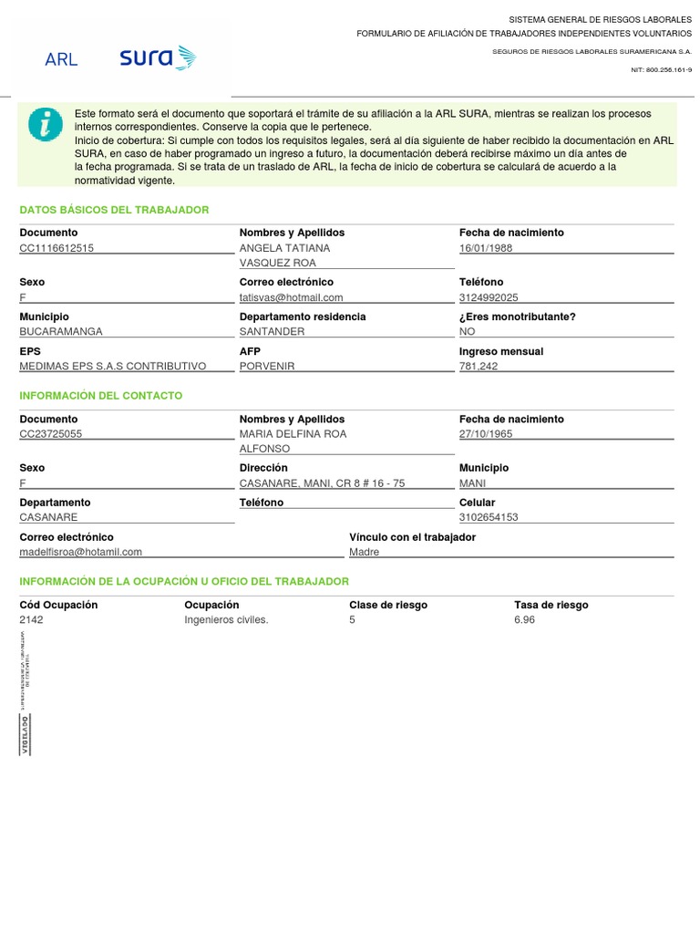 Formulario Afiliacion Arl Sura | PDF | Naturaleza | Science