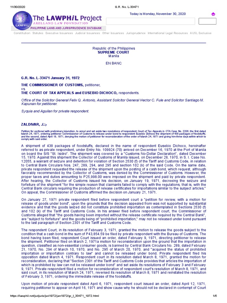 Customs Dispute: Dichoco vs. Commissioner | PDF | Bail | Injunction