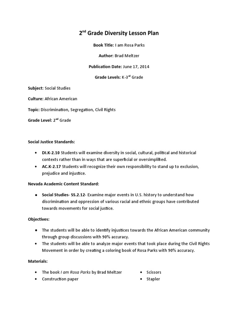 2 Grade Diversity Lesson Plan | PDF | Rosa Parks | Politics And Race