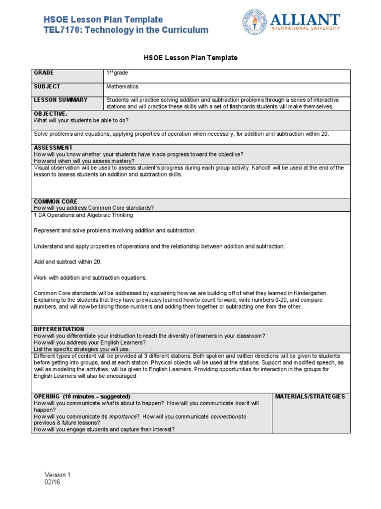Math 1st Grade Lesson Plan | Download Free PDF | Common Core State ...