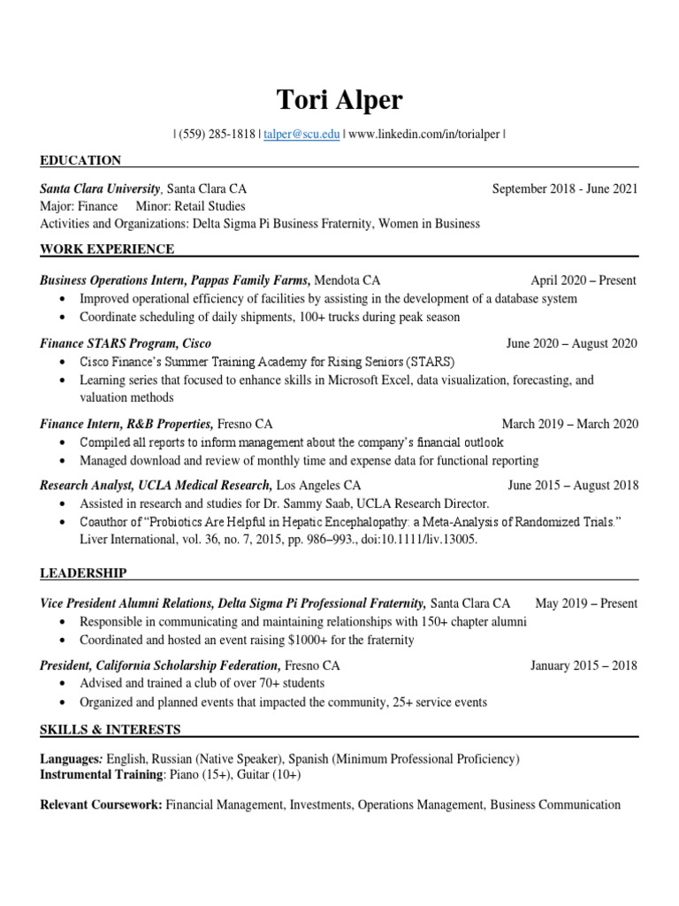 Tori Alper: Finance Graduate Profile | PDF | Career & Growth | Social ...