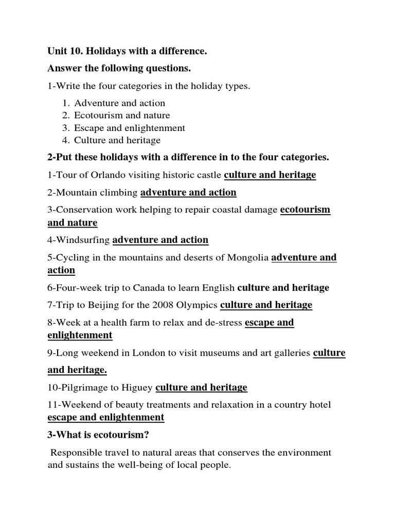 Unit 10. Holidays With A Difference. Answer The Following Questions ...