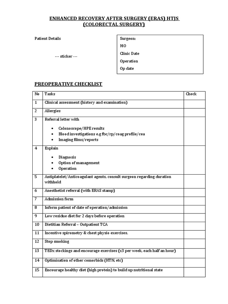 ERAS Checklist | PDF | Surgery | Rectum