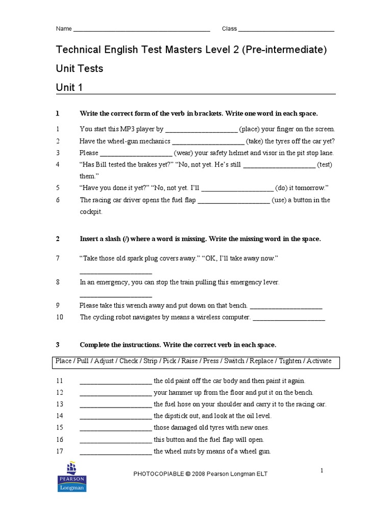 Technical English Test Masters Level 2 (Pre-Intermediate) Unit Tests ...