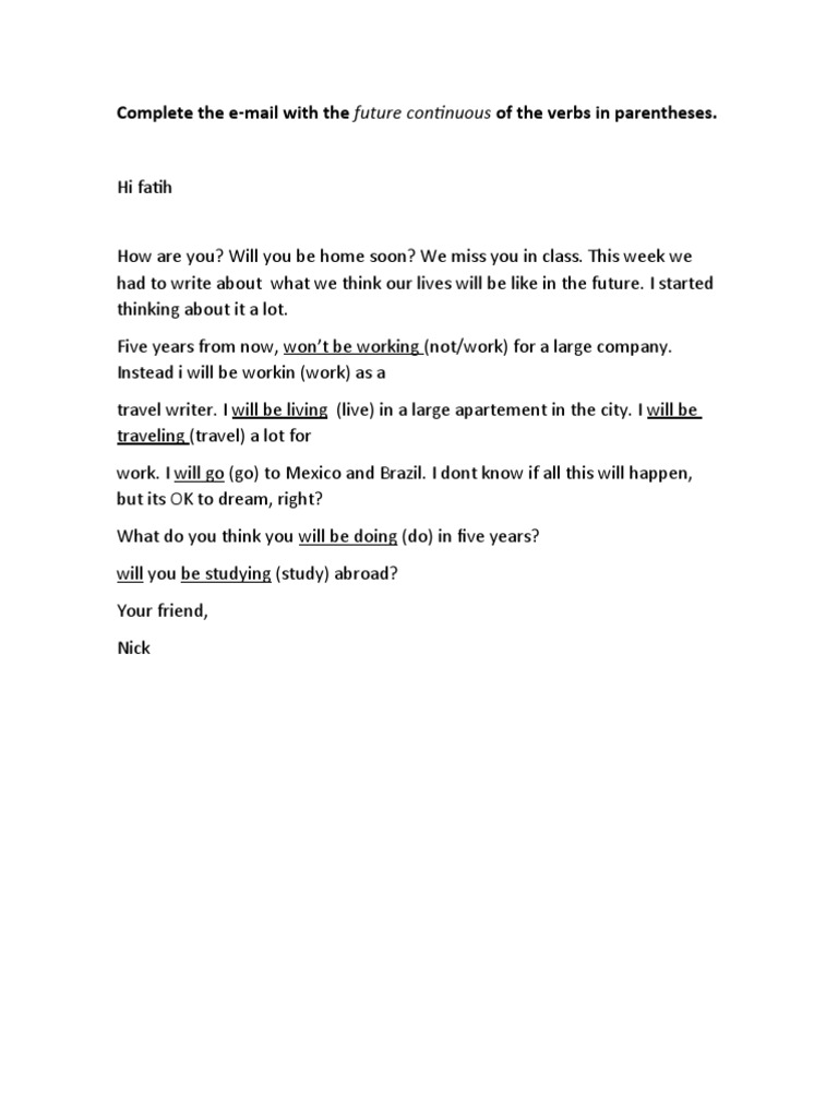 Complete The E-Mail With The Future Continuous of The Verbs in ...