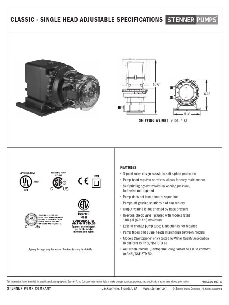 Ficha Tecnica Stenner | PDF | Pump | Pipe (Fluid Conveyance)