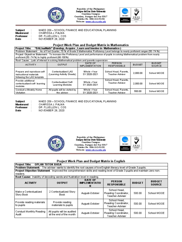 Project Work Plan and Budget Matrix in Mathematics | PDF | Behavior ...