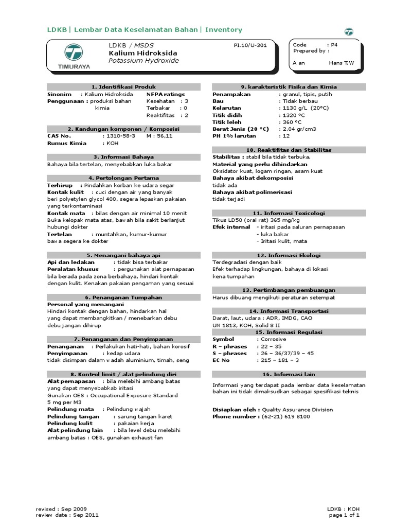 MSDS Kalium Hidroksida (KOH) 2023 | PDF