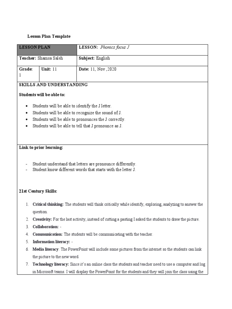 Lesson Plan Template Lesson Plan LESSON: Phonics Focus J Teacher ...