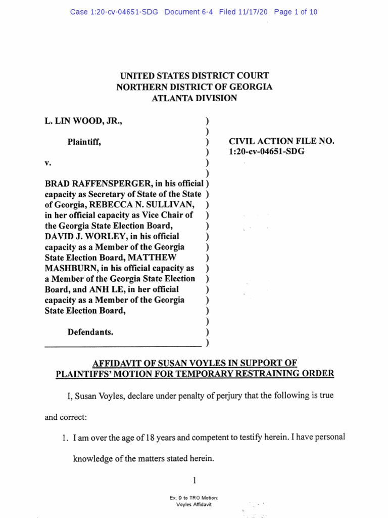 Wood v. Raffensperger Et Al. - Susan Voyles Affidavit | PDF
