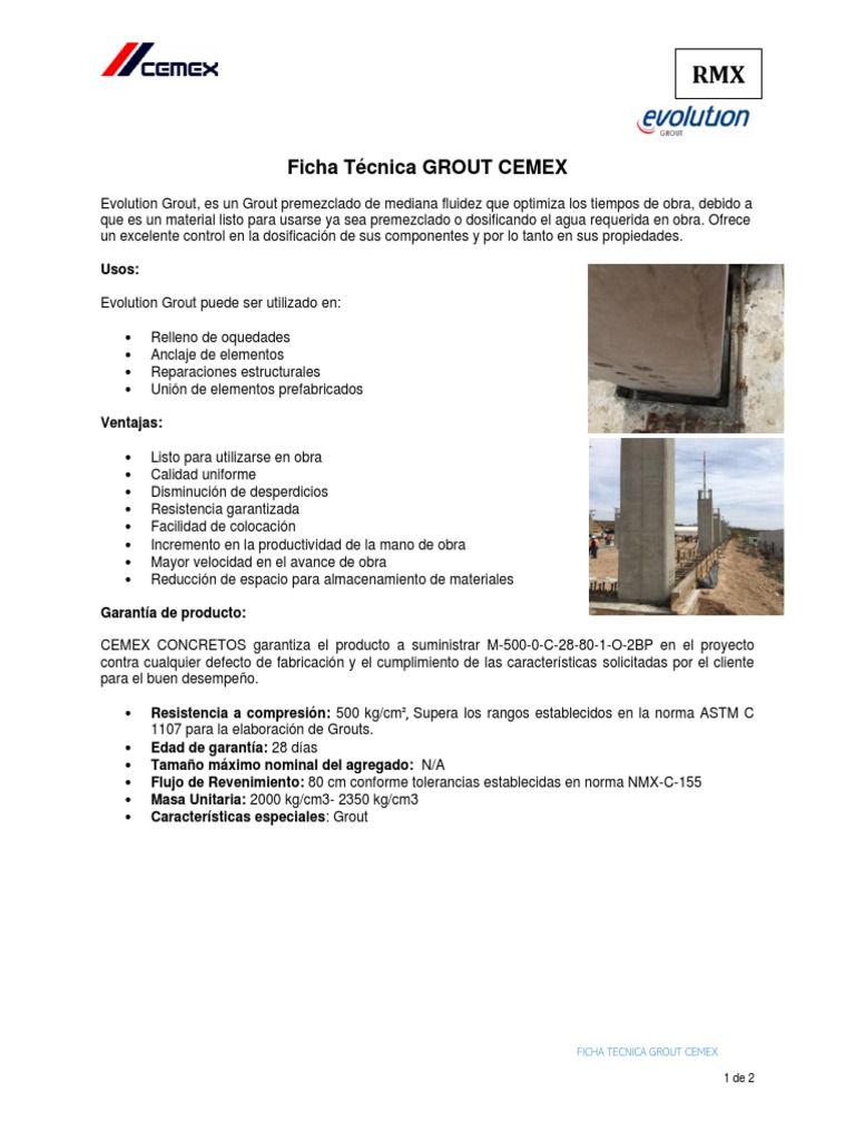 Ficha Tecnica GROUT | PDF | Hormigón | Materiales