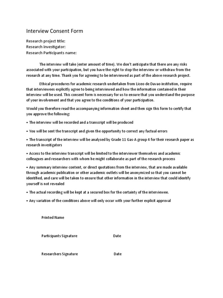 Interview Consent Form: Research Project Title: Research Investigator ...