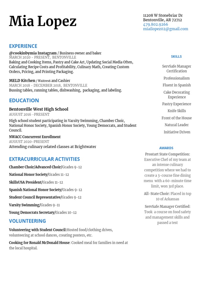 Mia Resume Final | PDF | Food And Drink | Cooking