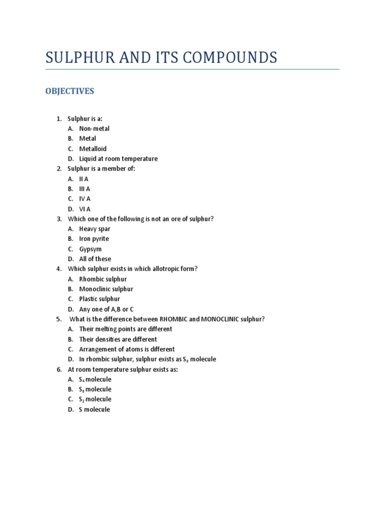 Sulphur and Its Compounds Obj | PDF | Sulfur | Metals