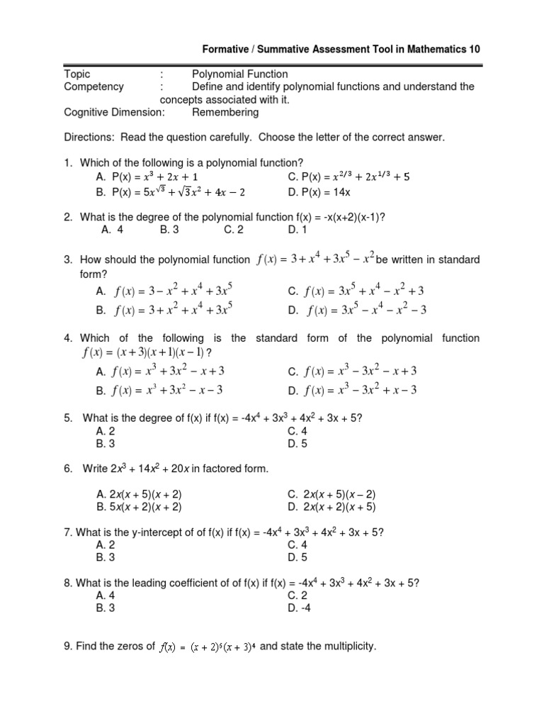 Math Assessment: Polynomial Functions | PDF | Cartesian Coordinate ...