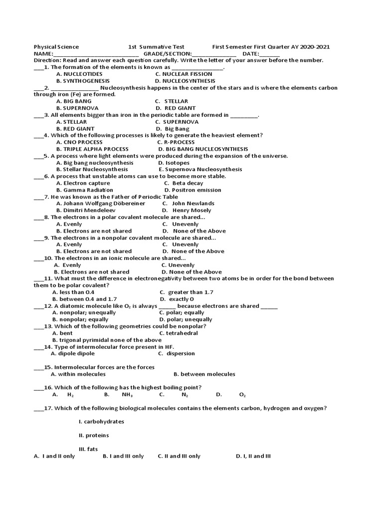 Grade 12 Physical Science 1st Exam | PDF | Chemical Polarity | Atoms