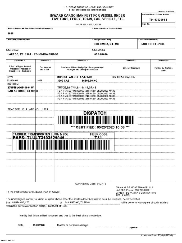 Dispatch: PAPS: TLULT3103525045 T31 | PDF | Cargo | Customs