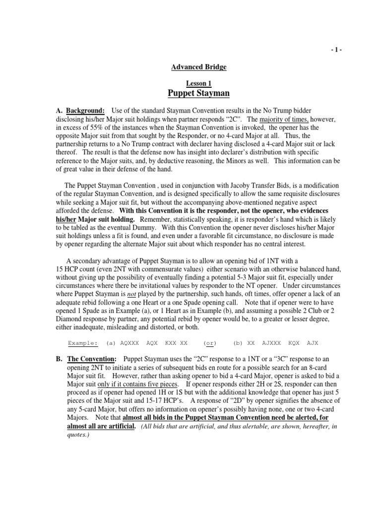 Puppet Stayman: Advanced Bridge | PDF | Contract Bridge | Plain Trick Games