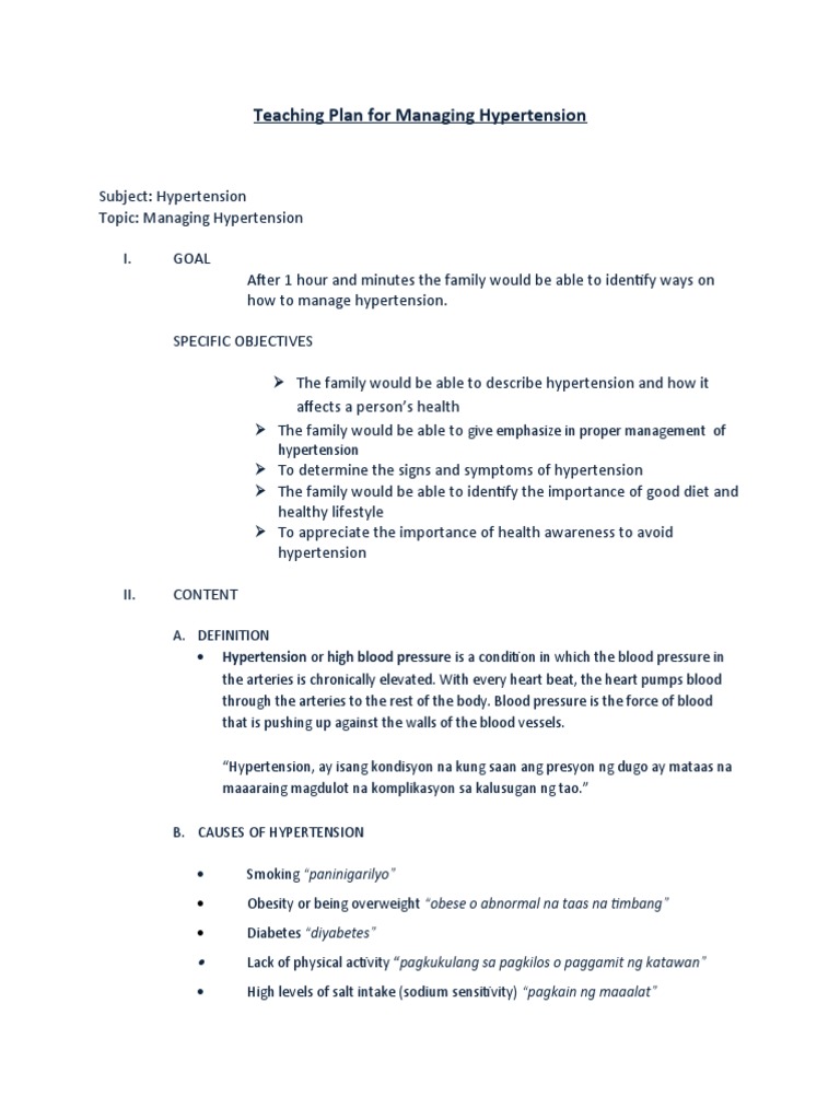 Teaching Plan For Managing Hypertension | PDF | Hypertension | Healthy Diet