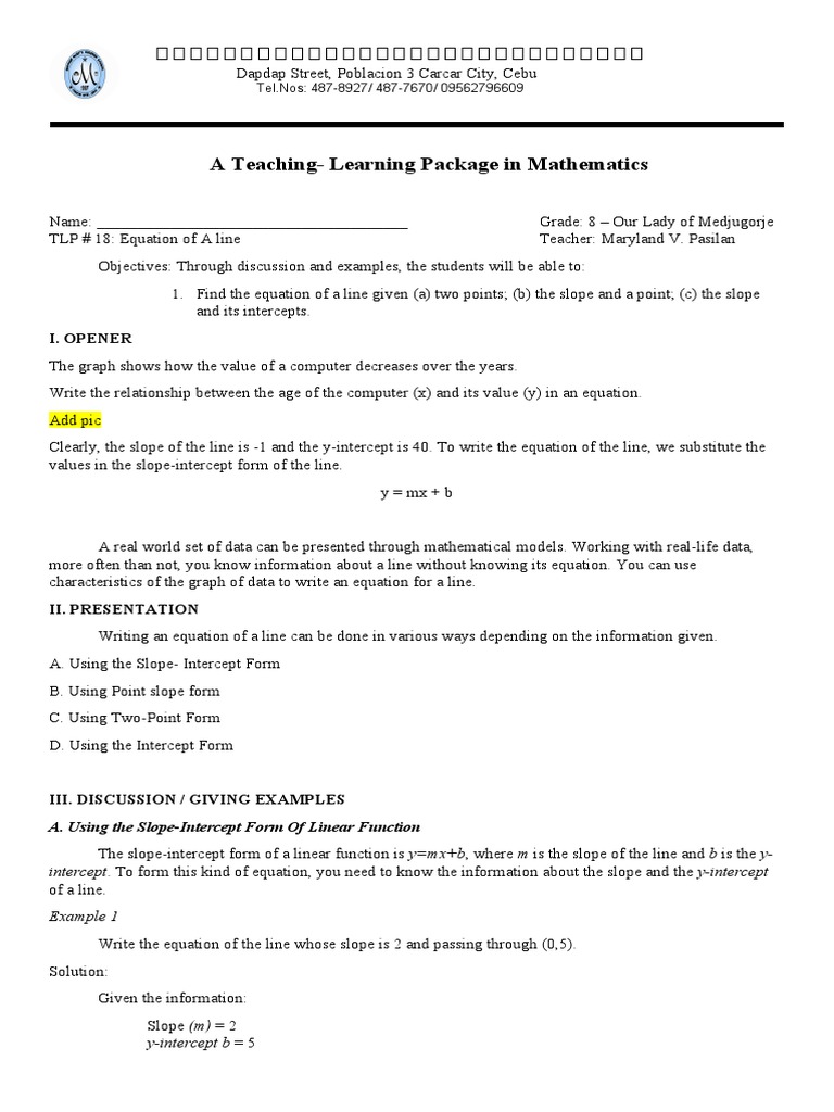 TLP 18 Equation of A Line | PDF | Slope | Equations