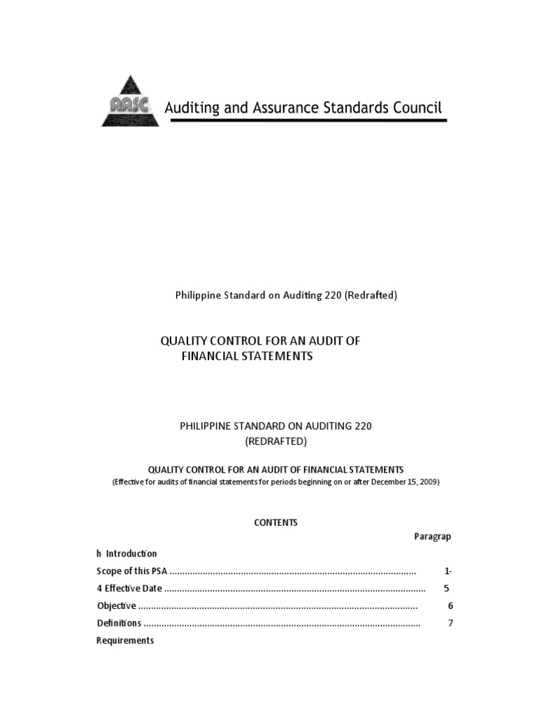 Quality Control For An Audit of Financial Statements: Philippine ...