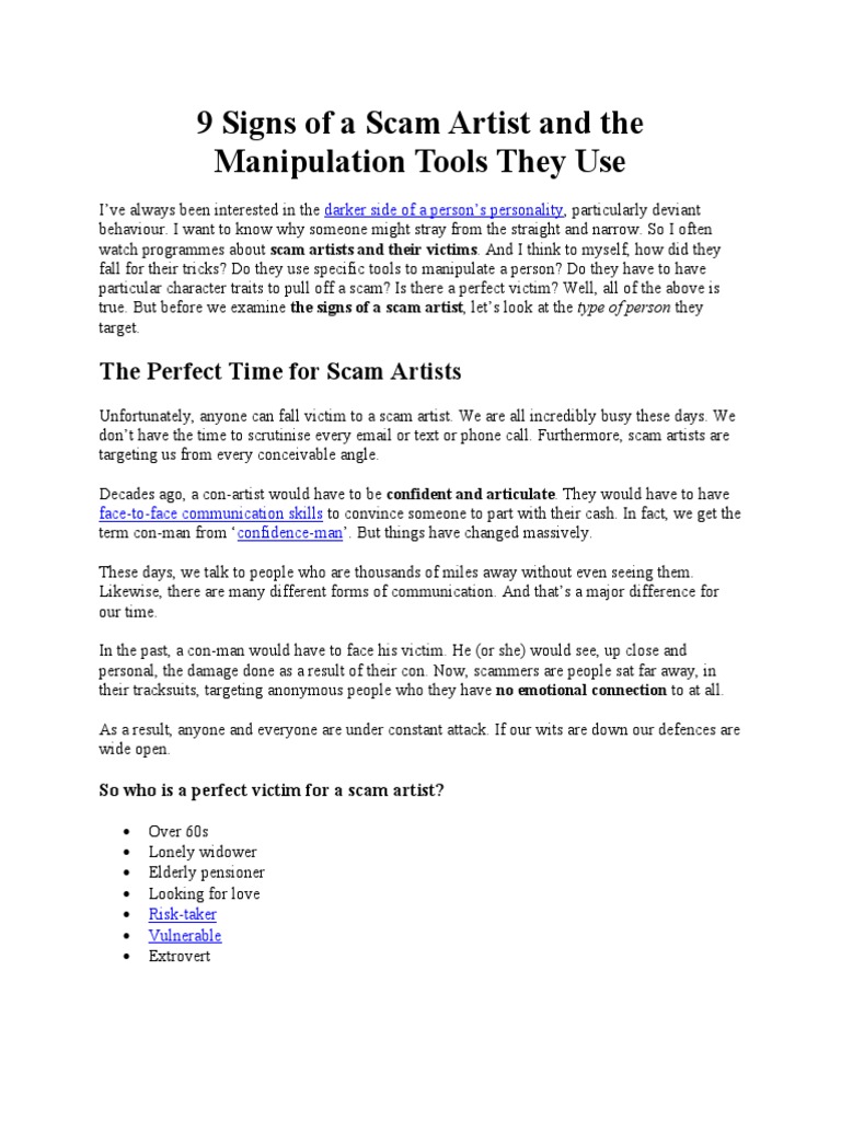 Recognizing Scam Artists' Tactics | PDF | Confidence Tricks | Psychology