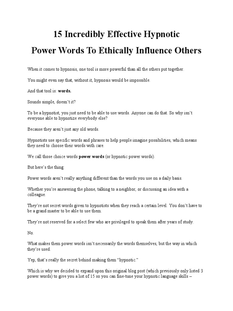 15 Hypnotic Power Words for Influence | PDF | Hypnosis | Relaxation ...