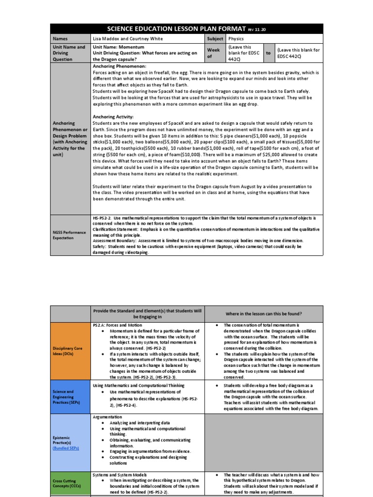 Science Education Lesson Plan Format: NGSS Performance Expectation ...