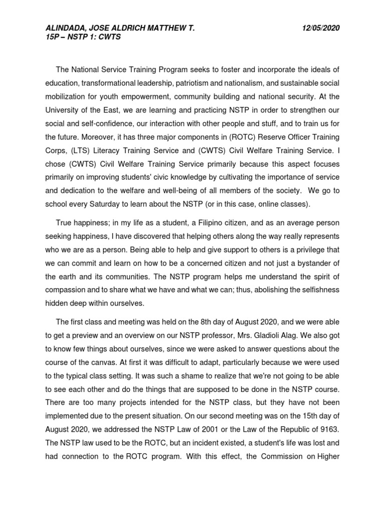 NSTP Narrative Report | PDF | Behavior Modification | Psychological ...