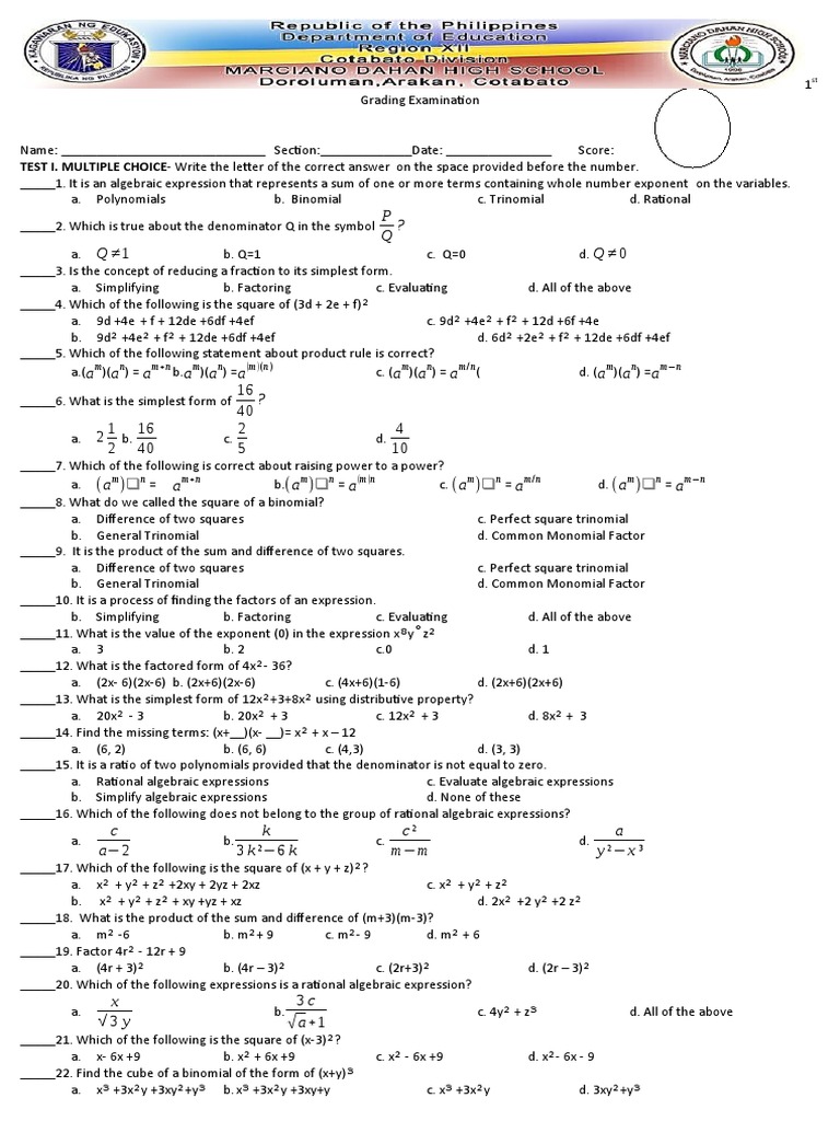 Grade - 8 Math 1Q | PDF | Factorization | Fraction (Mathematics)