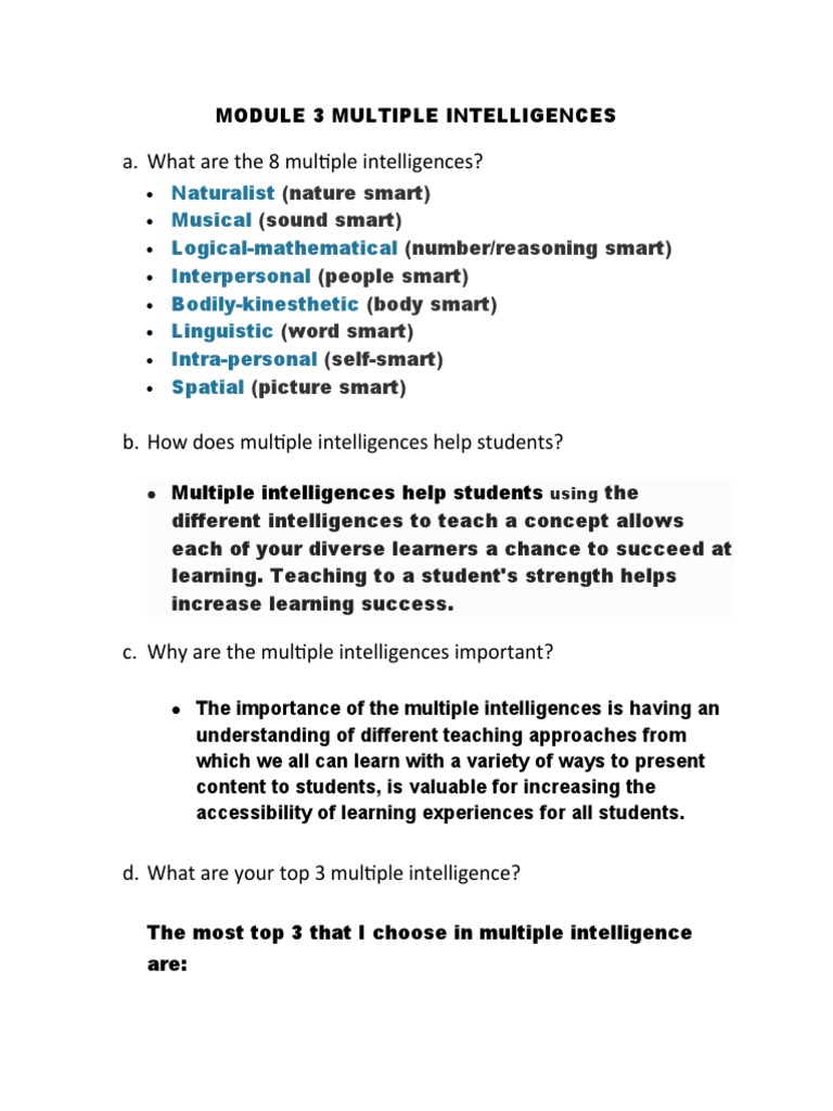 Module 3 Multiple Intelligences | PDF | Intelligence | Learning Styles