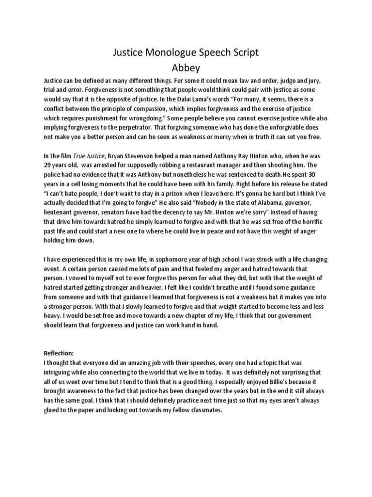 Justice Monologue Speech Script | PDF | Forgiveness | Justice