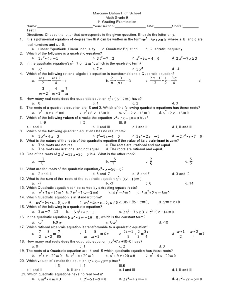 Math Grade 9 Exam | PDF | Quadratic Equation | Equations