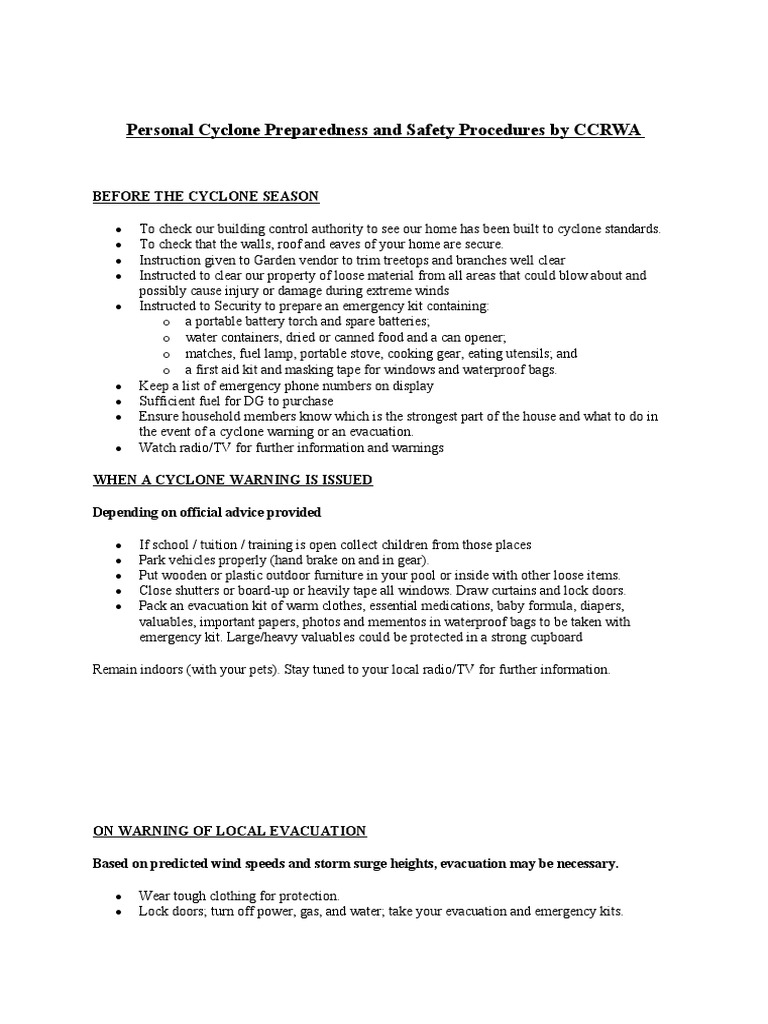 Personal Cyclone Preparedness and Safety Procedures by CCRWA | PDF ...