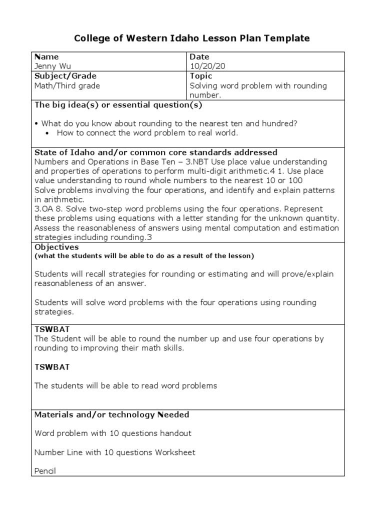 College of Western Idaho Lesson Plan Template: Name Date Subject/Grade ...