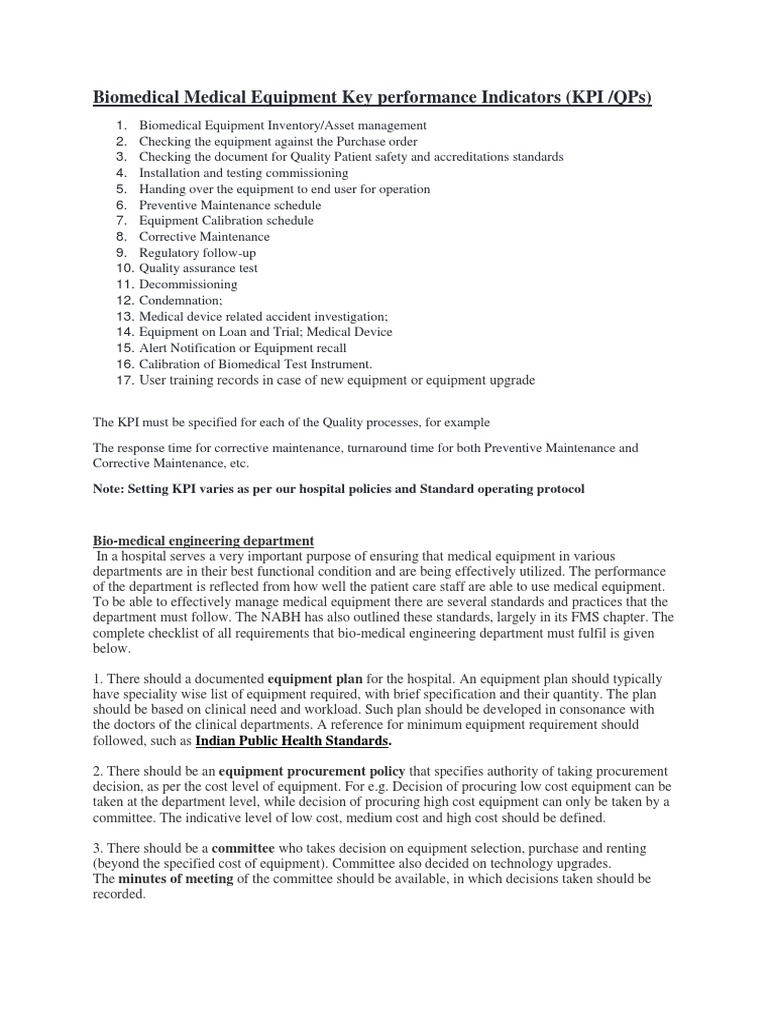Biomedical Medical Equipment Key Performance Indicators (Kpi /QPS ...