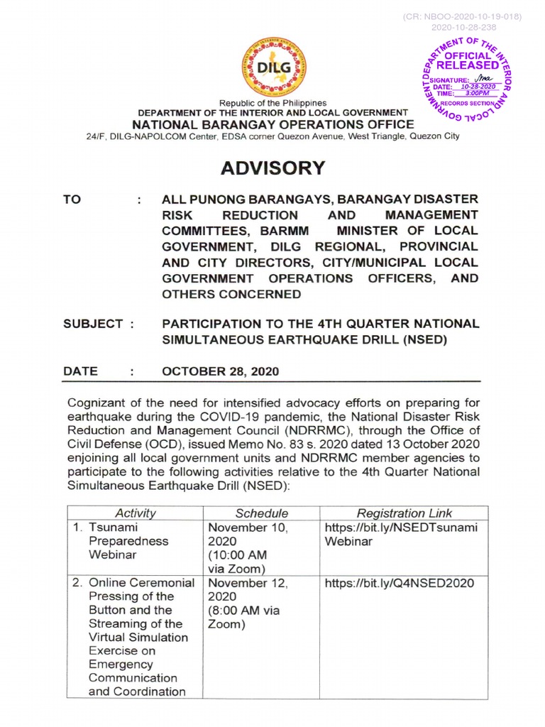 Advisory Re Participation To The 4TH Quarter National Simultaneous ...