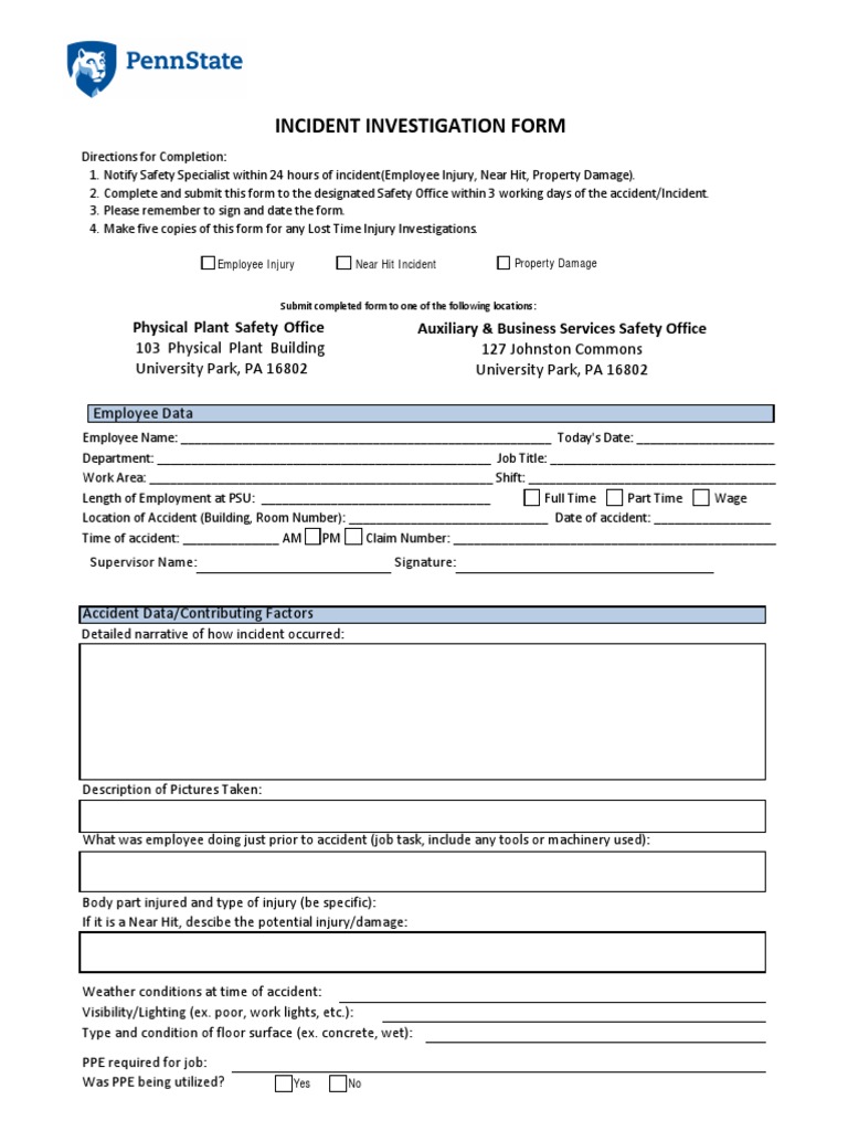 Incident Investigation Form: Physical Plant Safety Office Auxiliary ...