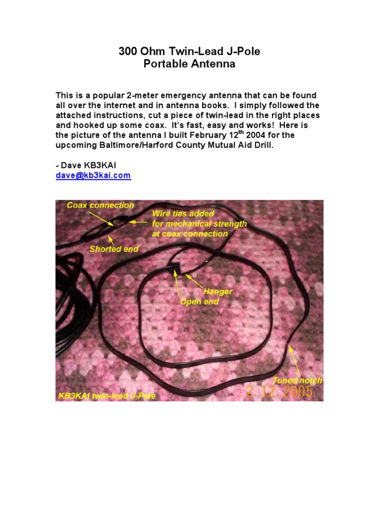 300 Ohm Twin-Lead J-Pole Portable Antenna | PDF | Coaxial Cable ...