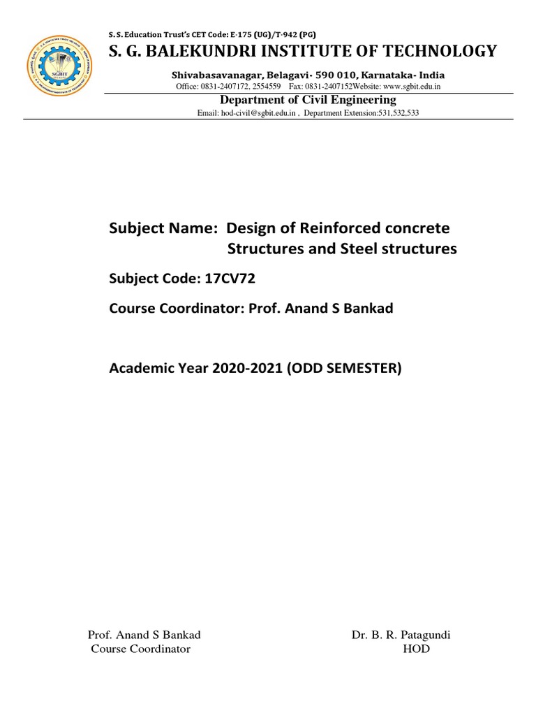 S. G. Balekundri Institute of Technology: Subject Code: 17CV72 Course ...