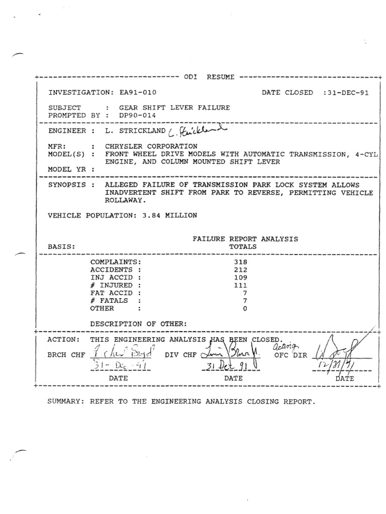 1 of 4 ODI Investigations (NHTSA Action Number EA91010) For Inadvertent ...