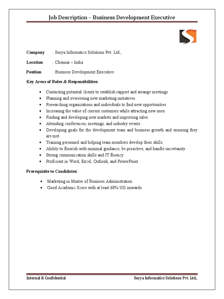Job Description - Business Development Executive: Company Location ...